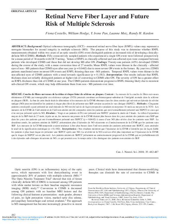 (PDF) Retinal Nerve Fiber Layer and Future Risk of Multiple Sclerosis