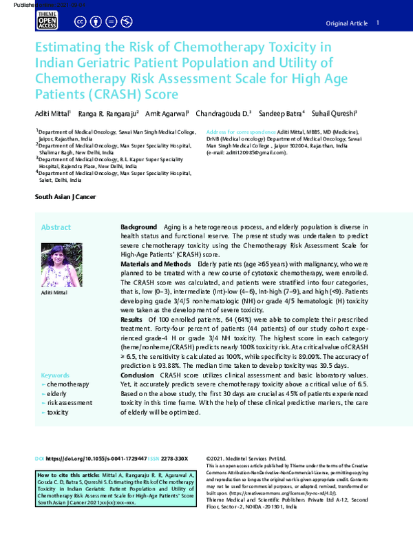 (PDF) Estimating the Risk of Chemotherapy Toxicity in Indian Geriatric ...