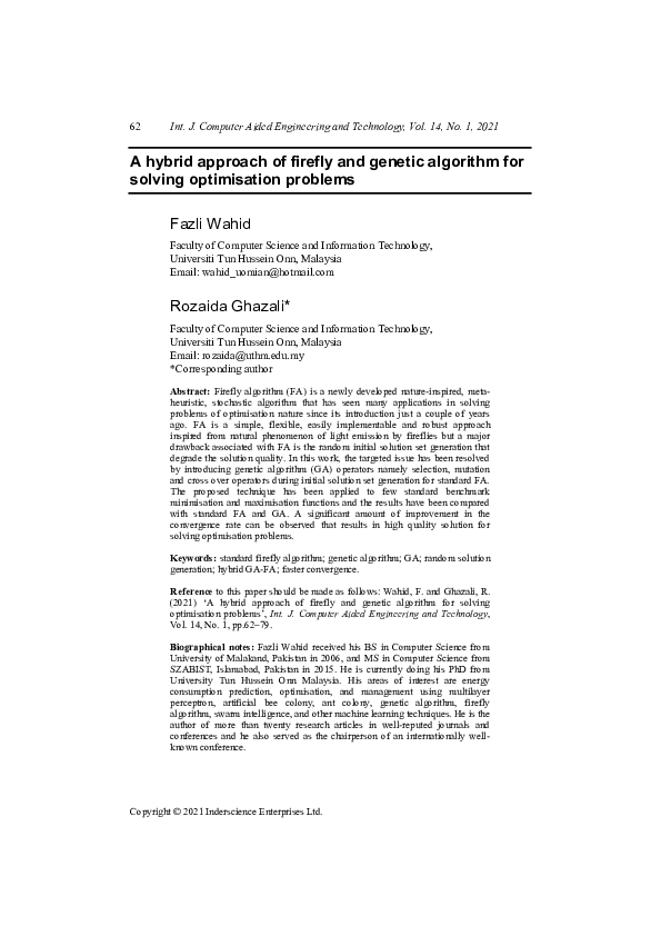 Pdf A Hybrid Approach Of Firefly And Genetic Algorithm For Solving Optimisation Problems
