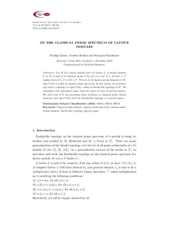 (PDF) On the Classical Prime Spectrum of Lattice Modules | v c Borkar - Academia.edu