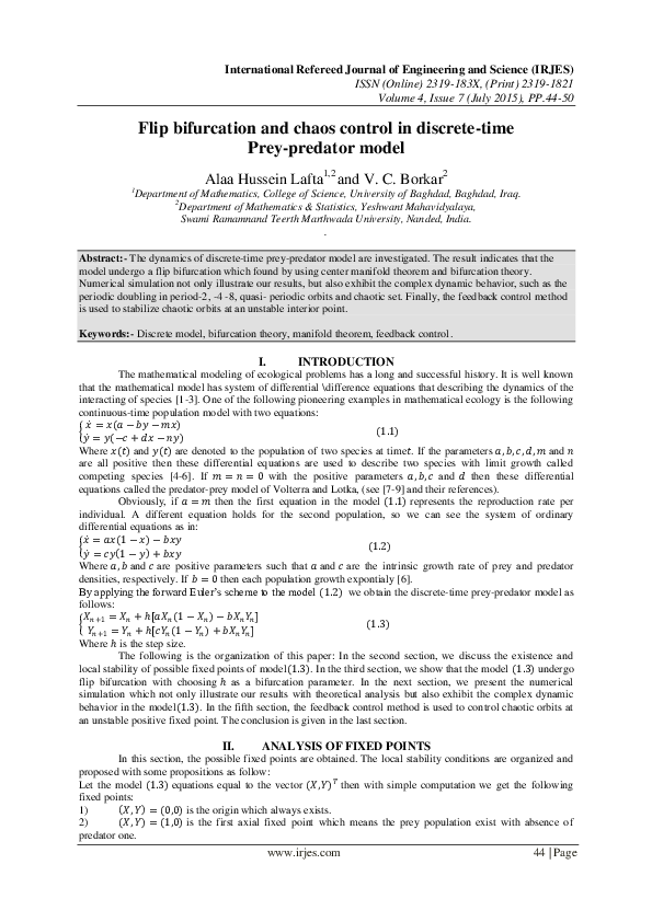 Pdf Flip Bifurcation And Chaos Control In Discrete Time Prey Predator Model V C Borkar