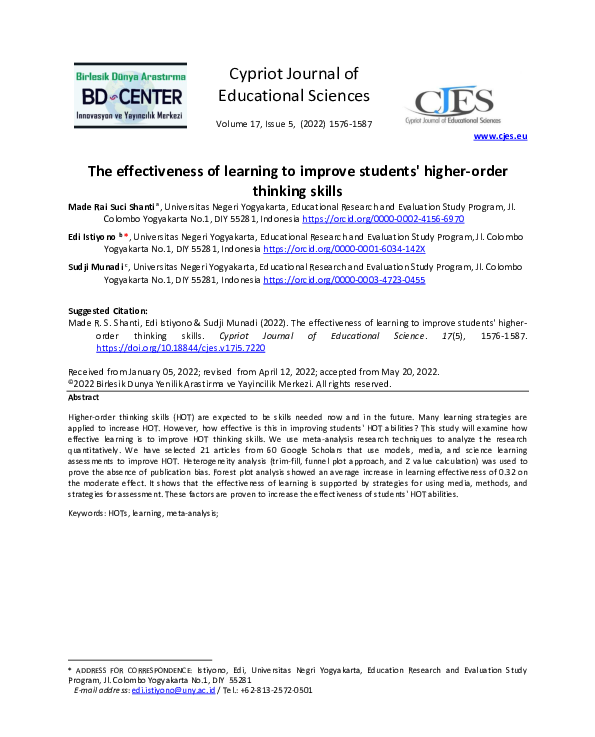 (PDF) The effectiveness of learning to improve students' higher-order thinking skills