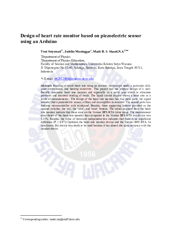 (PDF) Design of heart rate monitor based on piezoelectric sensor using ...