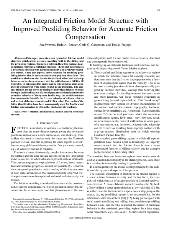 Pdf An Integrated Friction Model Structure With Improved Presliding Behavior For Accurate