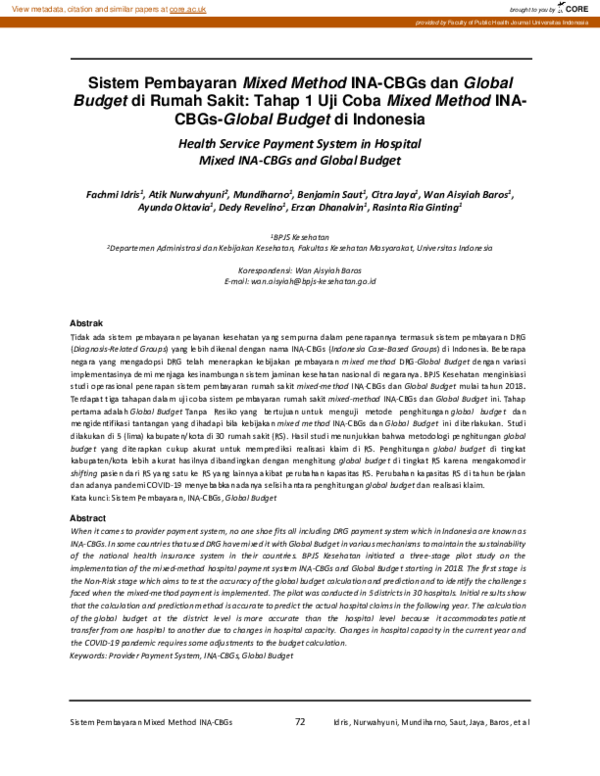 (PDF) SISTEM PEMBAYARAN MIXED METHOD INA-CBGs DAN GLOBAL BUDGET DI ...