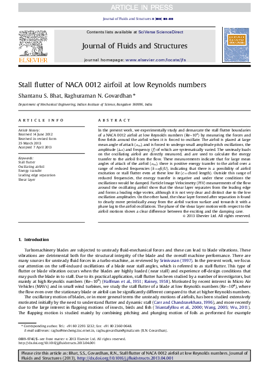 (PDF) Stall flutter of NACA 0012 airfoil at low Reynolds numbers