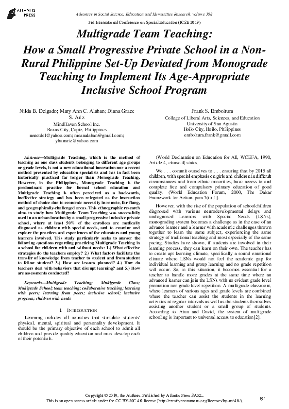 (PDF) Multigrade Team Teaching: How a Small Progressive Private School ...
