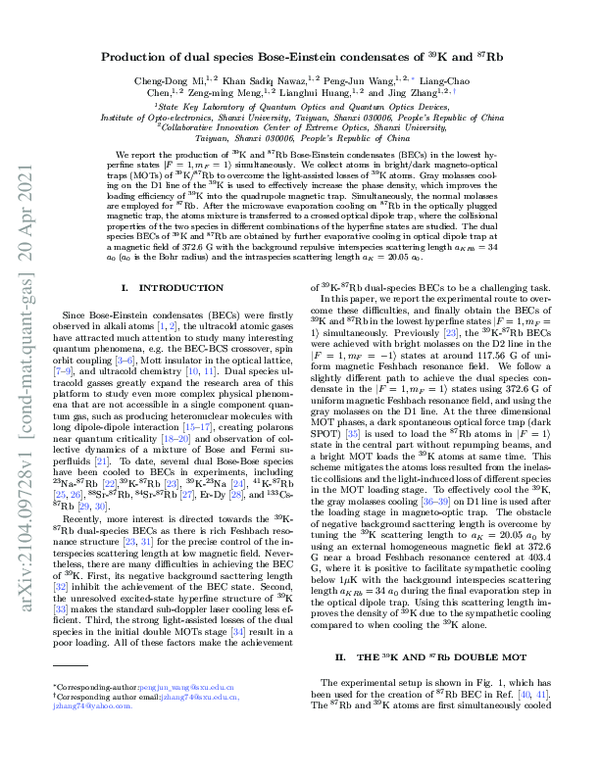 Pdf Production Of Dual Species Bose Einstein Condensates Of 39k And 87rb