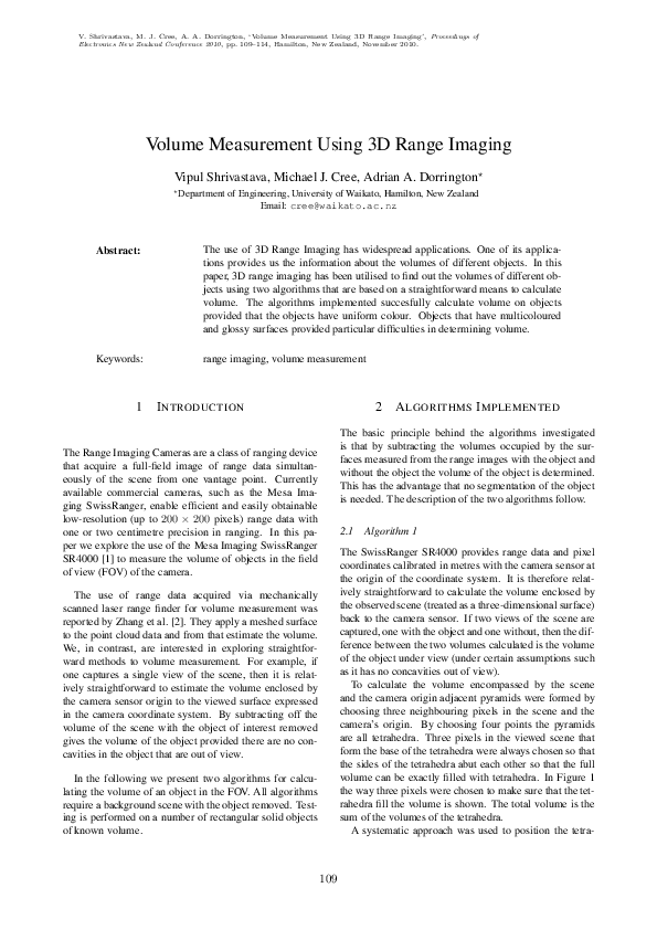(PDF) Volume measurement using 3D Range Imaging