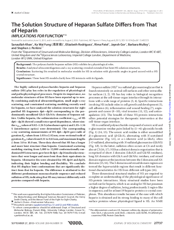 (PDF) The Solution Structure of Heparan Sulfate Differs from That of ...