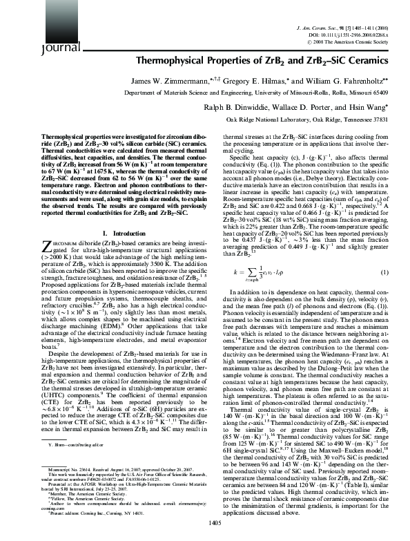 (PDF) Thermophysical Properties of ZrB2and ZrB2–SiC Ceramics