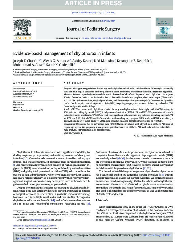 (PDF) Evidence-based management of chylothorax in infants