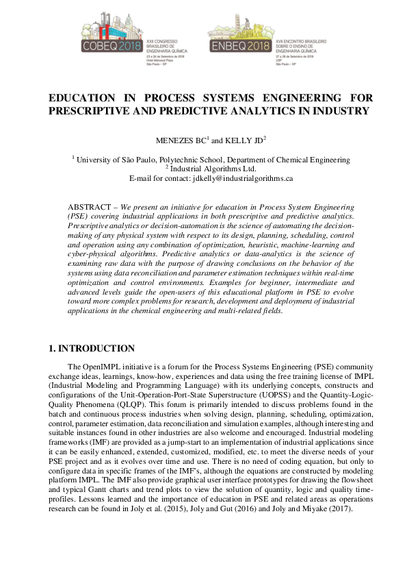 (PDF) Education in Process Systems Engineering for Prescriptive and Predictive Analytics in Industry