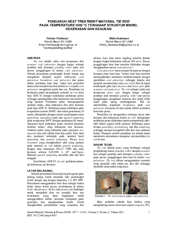 (PDF) Heat Treatment Material Tie Rod Pada Temperature 1000 0C Terhadap Struktur Mikro ...