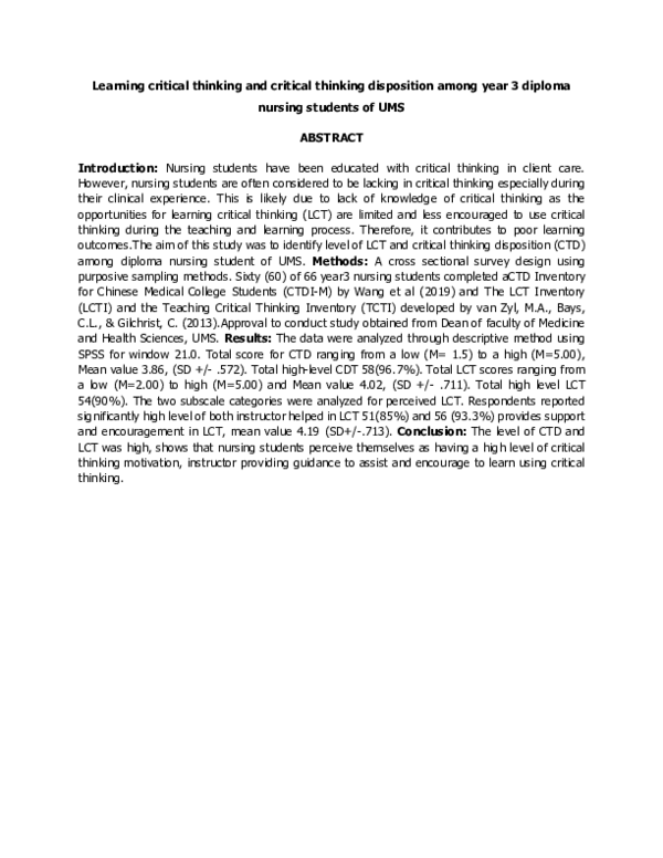 (PDF) Learning critical thinking and critical thinking disposition among year 3 diploma nursing ...