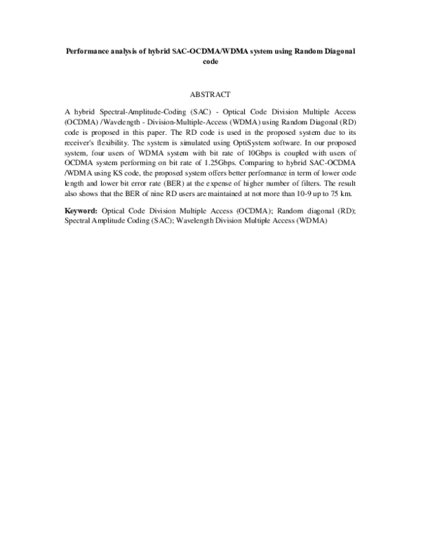 (PDF) Performance analysis of hybrid SAC-OCDMA/WDMA system using Random Diagonal code
