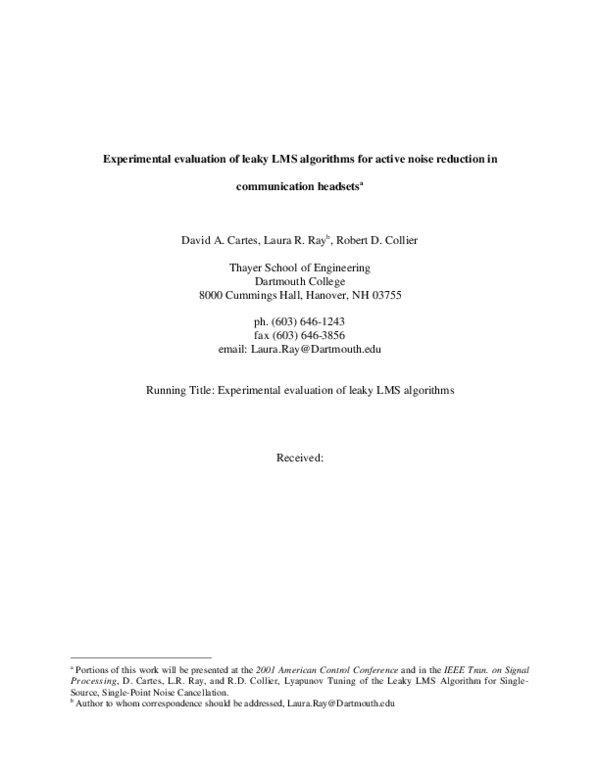Pdf Experimental Evaluation Of Leaky Lms Algorithms For Active Noise Reduction In