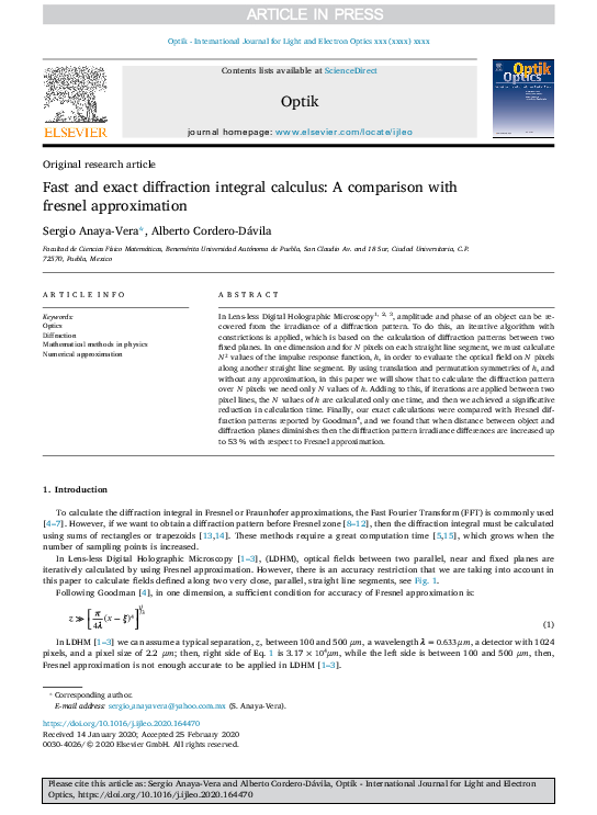 Pdf Fast And Exact Diffraction Integral Calculus A Comparison With Fresnel Approximation
