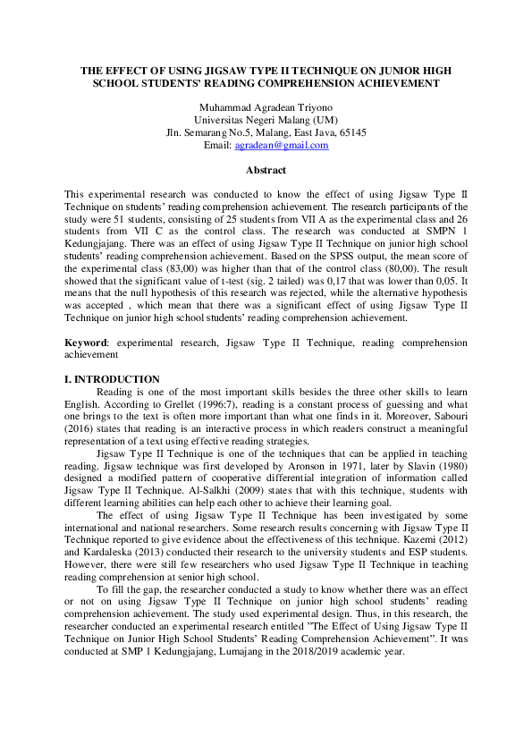 (PDF) THE EFFECT OF USING JIGSAW TYPE II TECHNIQUE ON JUNIOR HIGH ...