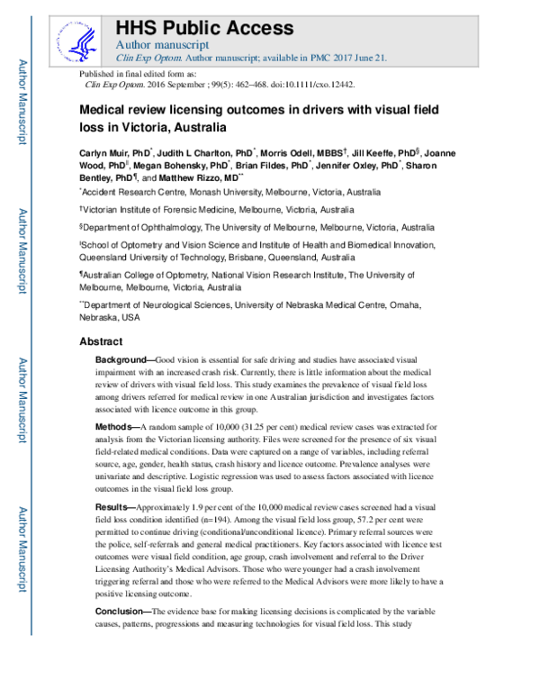 (PDF) Medical review licensing outcomes in drivers with visual field ...