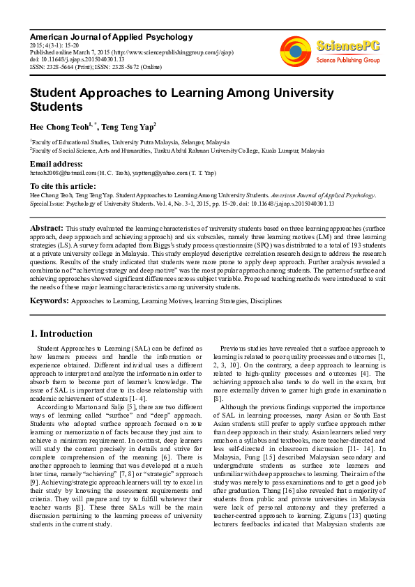 (PDF) Student Approaches to Learning Among University Students