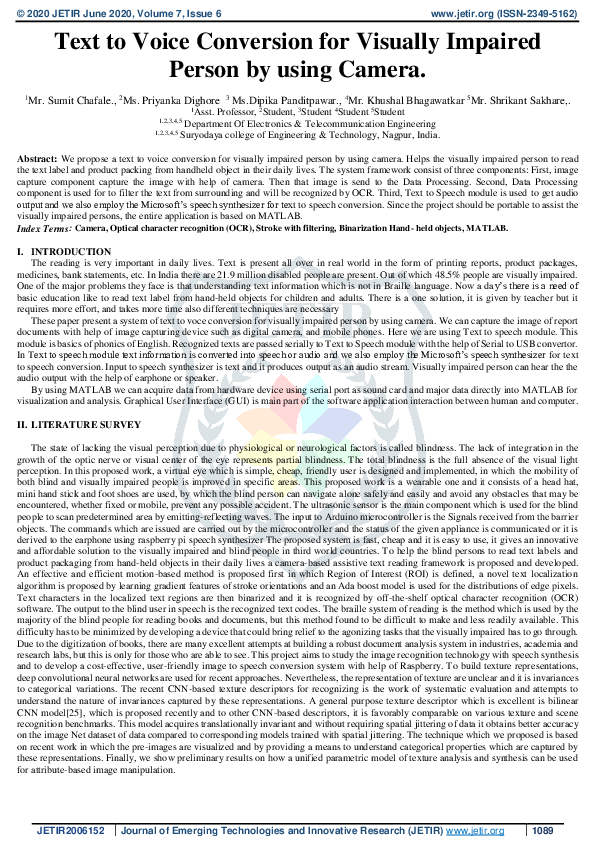 (PDF) Text to Voice Conversion for Visually Impaired Person by using Camera