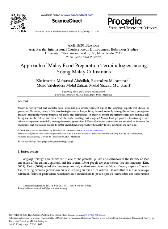 (PDF) Approach of Malay Food Preparation Terminologies Among Young Malay Culinarians