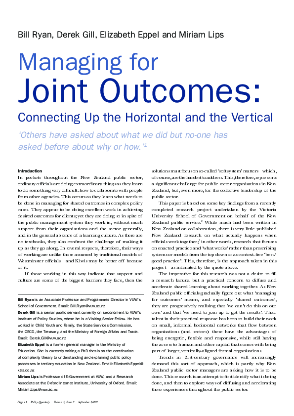 (PDF) Managing for joint outcomes: connecting up the horizontal and the ...