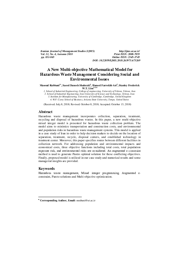 (PDF) A new multi-objective mathematical model for hazardous waste management considering social ...