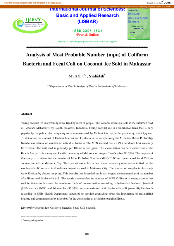 (PDF) Analysis of Most Probable Number (mpn) of Coliform Bacteria and ...