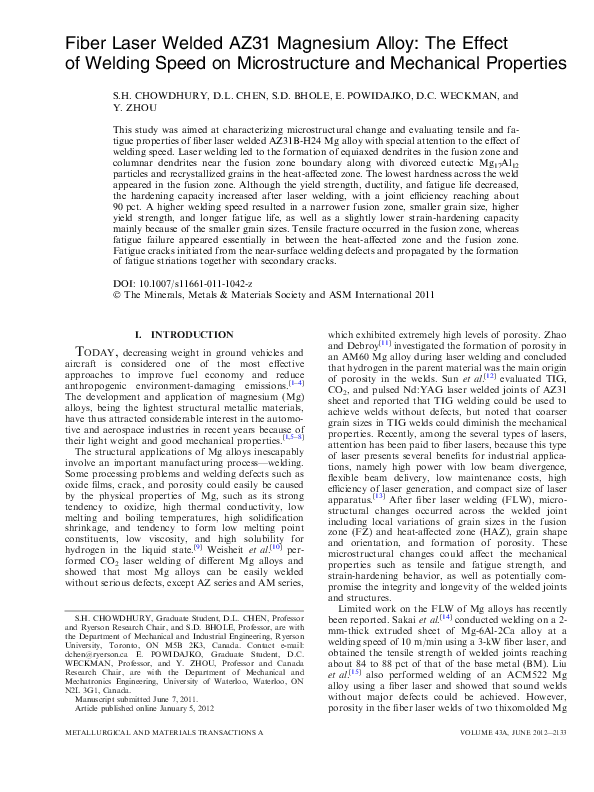 (PDF) Fiber Laser Welded AZ31 Magnesium Alloy: The Effect of Welding Speed on Microstructure and ...