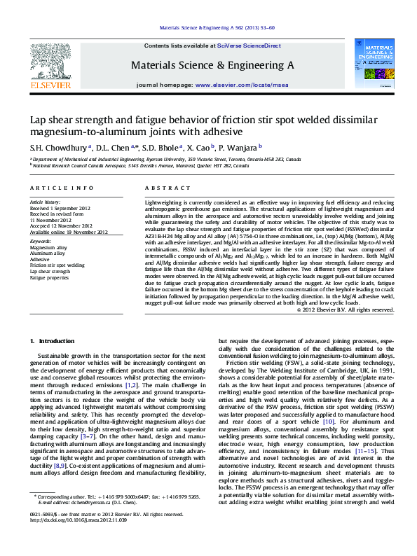 (PDF) Lap shear strength and fatigue behavior of friction stir spot welded dissimilar magnesium ...