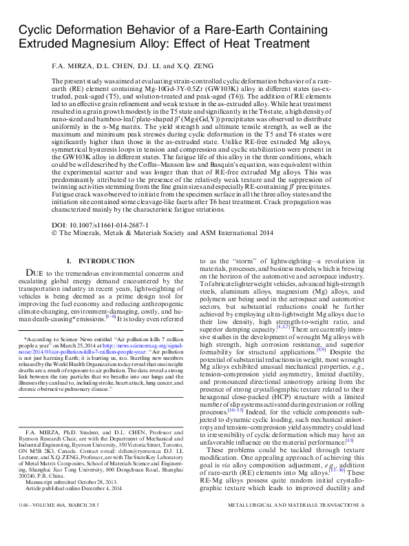 Pdf Cyclic Deformation Behavior Of A Rare Earth Containing Extruded Magnesium Alloy Effect Of