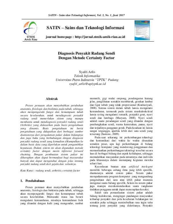 (PDF) Diagnosis Penyakit Radang Sendi Dengan Metode Certainty Factor