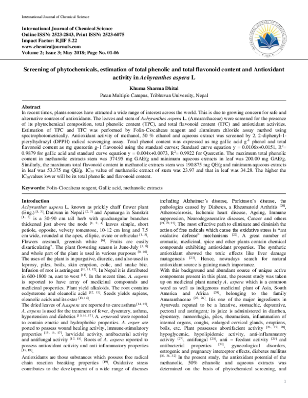 (PDF) Screening of phytochemicals, estimation of total phenolic and total flavonoid content and ...