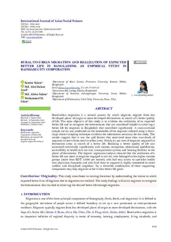 (PDF) Rural-to-Urban Migration and Realization of Expected Better Life ...