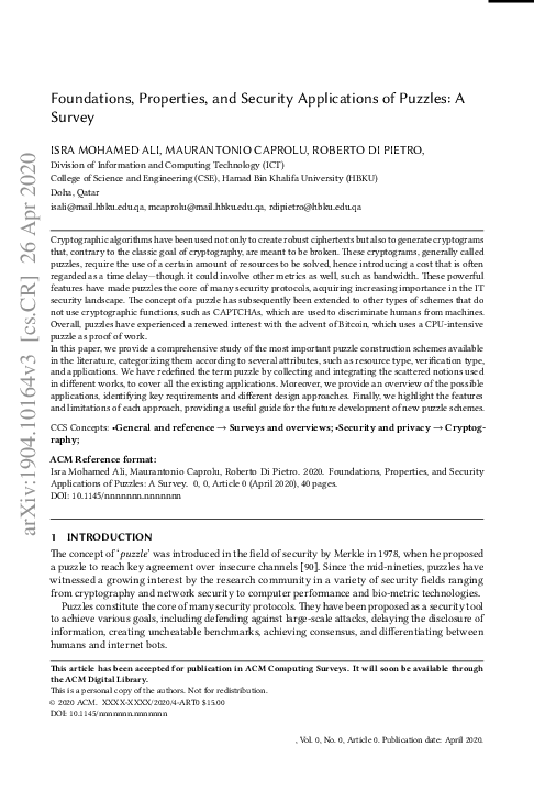 (PDF) Foundations, Properties, and Security Applications of Puzzles