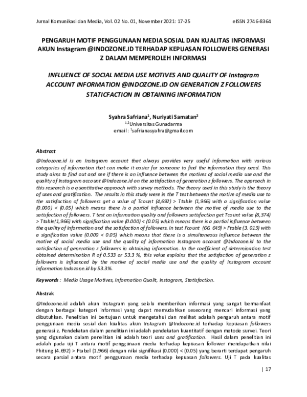(PDF) Pengaruh Motif Penggunaan Media Sosial Dan Kualitas Informasi Akun Instagram @Indozone.id ...
