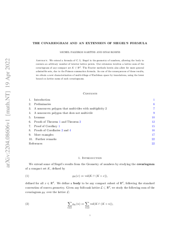(PDF) The Covariogram and an extension of Siegel's formula
