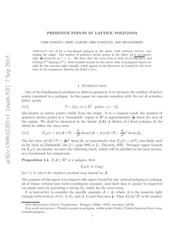 Pdf Primitive Points In Lattice Polygons Sinai Robins