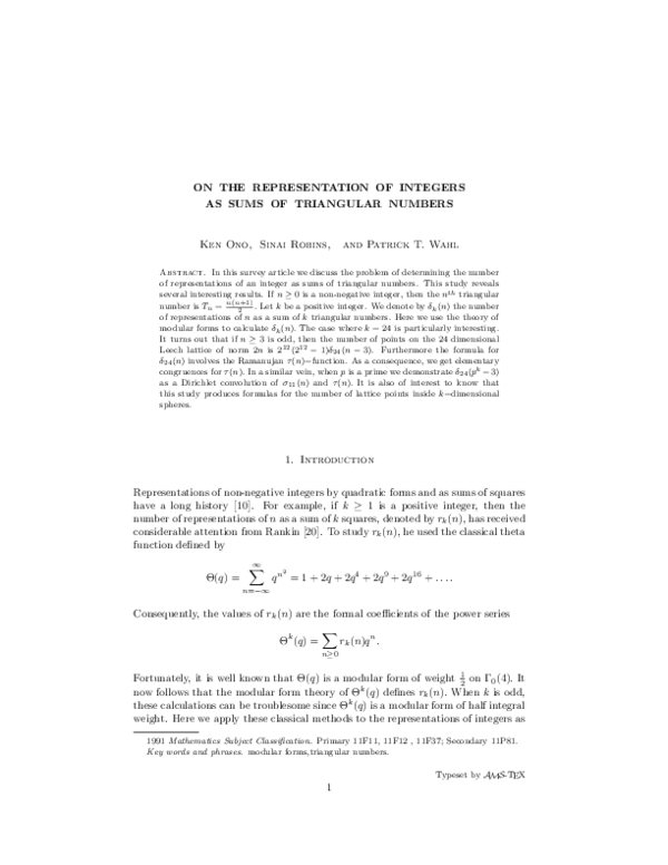 (PDF) On the representation of integers as sums of triangular numbers