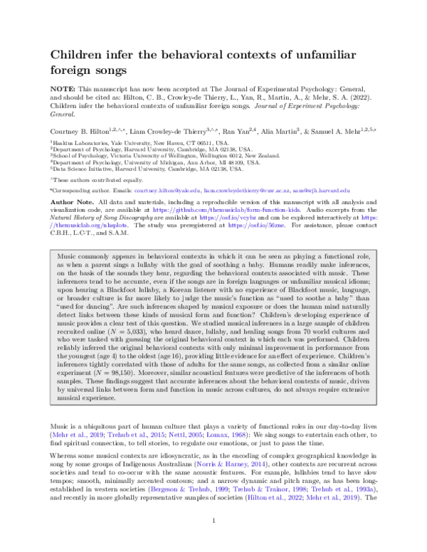 (PDF) Children infer the behavioral contexts of unfamiliar foreign songs