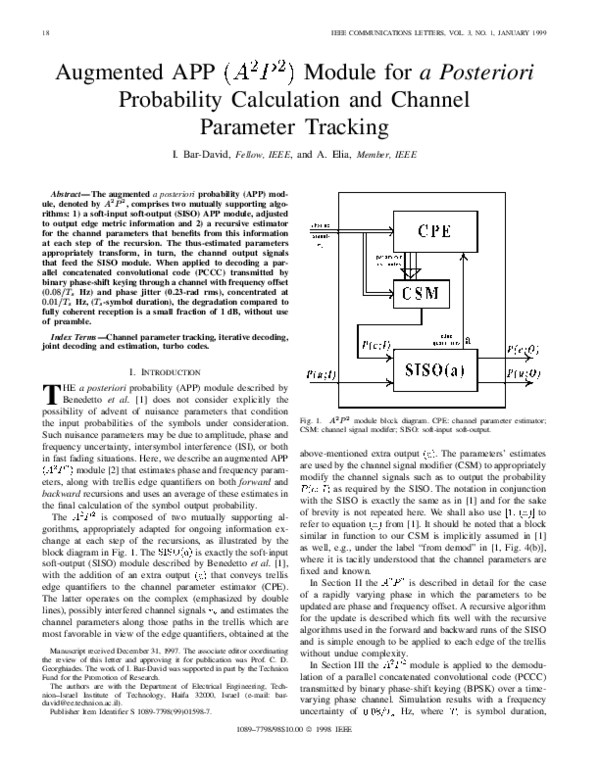 (PDF) Augmented APP (A2P2) module for a posteriori probability calculation and channel parameter ...