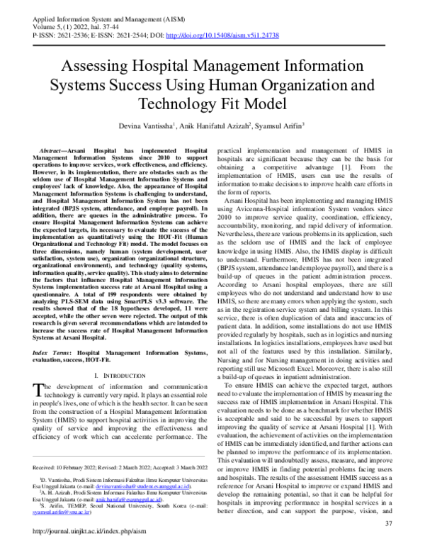 (PDF) Assessing Hospital Management Information Systems Success Using Human Organization and ...