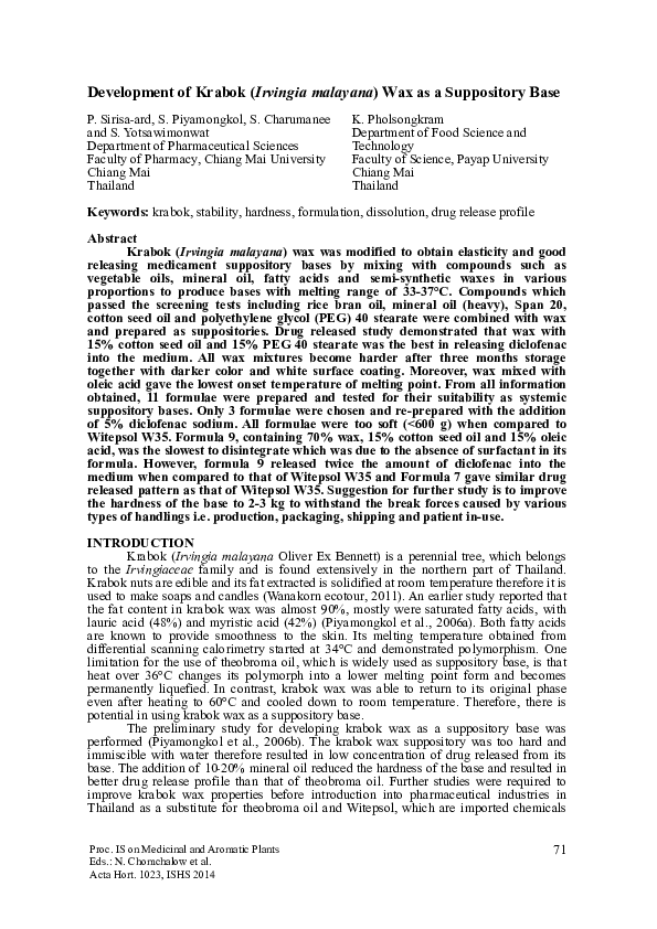 (PDF) Development of Krabok (Irvingia Malayana) Wax as a Suppository Base