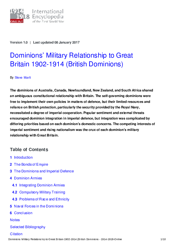 (PDF) Dominions' Military Relationship to Great Britain 1902-1914 ...