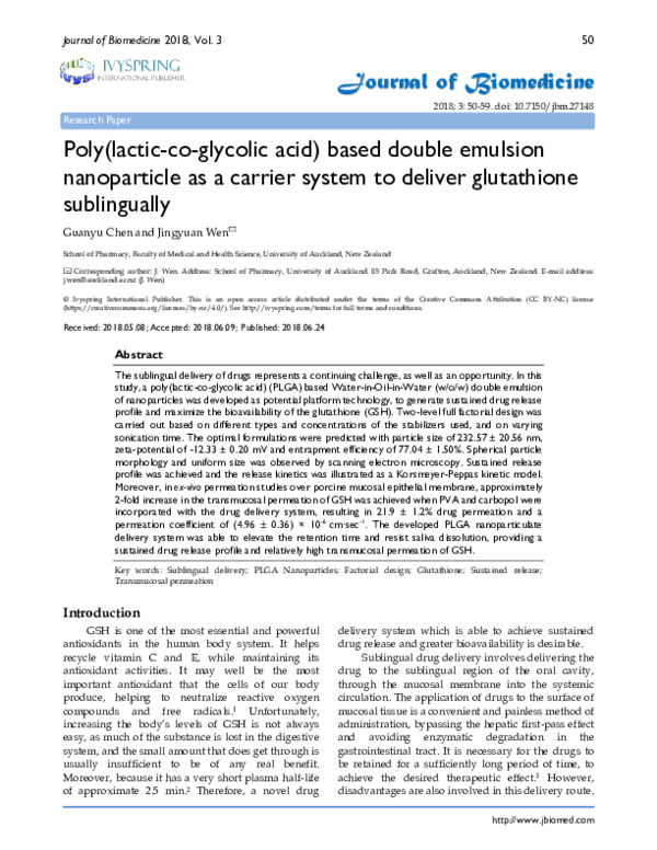 (PDF) Poly(lactic-co-glycolic acid) based double emulsion nanoparticle as a carrier system to ...
