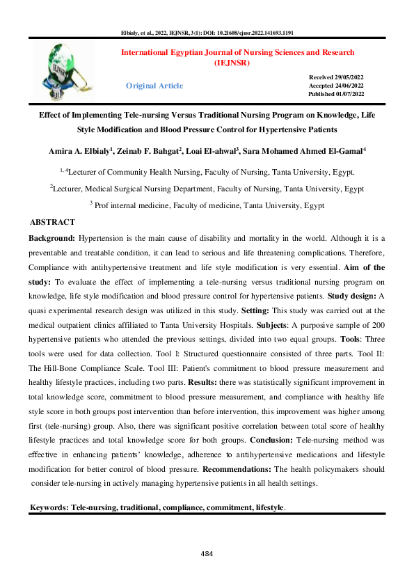 (PDF) Effect of Implementing Tele-nursing Versus Traditional Nursing ...