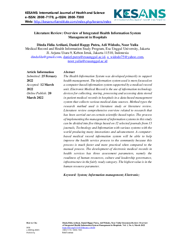 (PDF) Literature Review: Overview of Integrated Health Information System Management in Hospitals