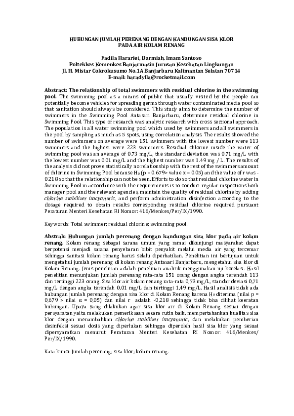 (PDF) Hubungan Jumlah Perenang Dengan Kandungan Sisa Klor Pada Air Kolam Renang | jurnal kesling ...